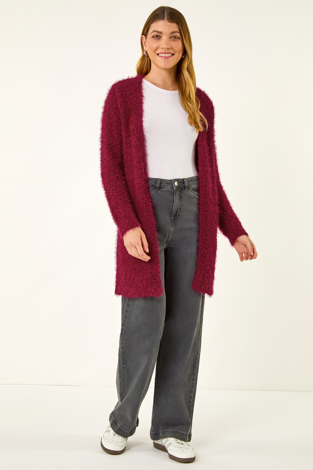 Red Textured Longline Knit Cardigan | Roman UK