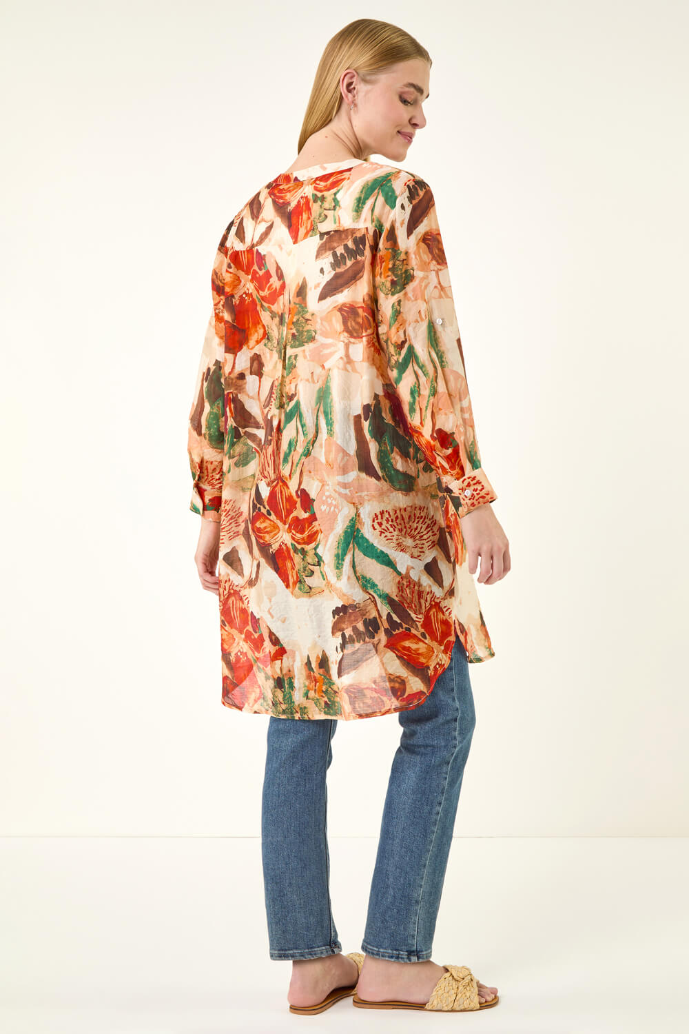 Orange Abstract Print Button Longline Blouse | Roman UK