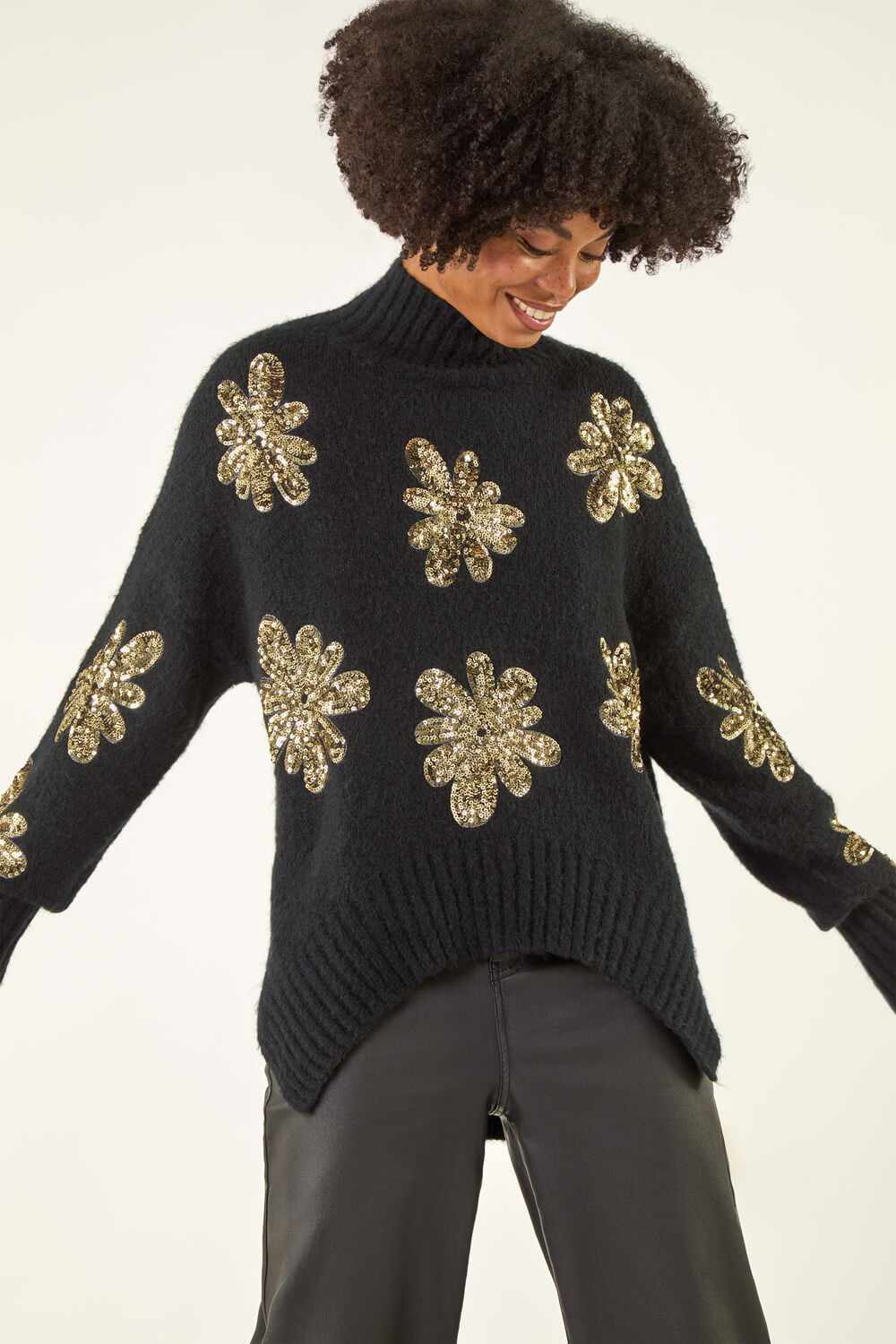 Black Floral Sequin Knit Jumper | Roman UK