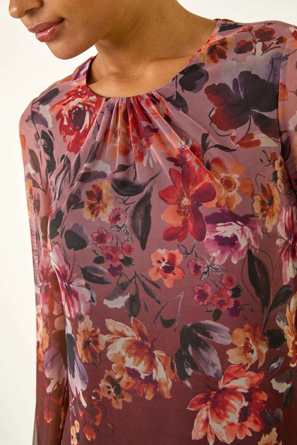 Chocolate Floral Print Mesh Top | Roman UK