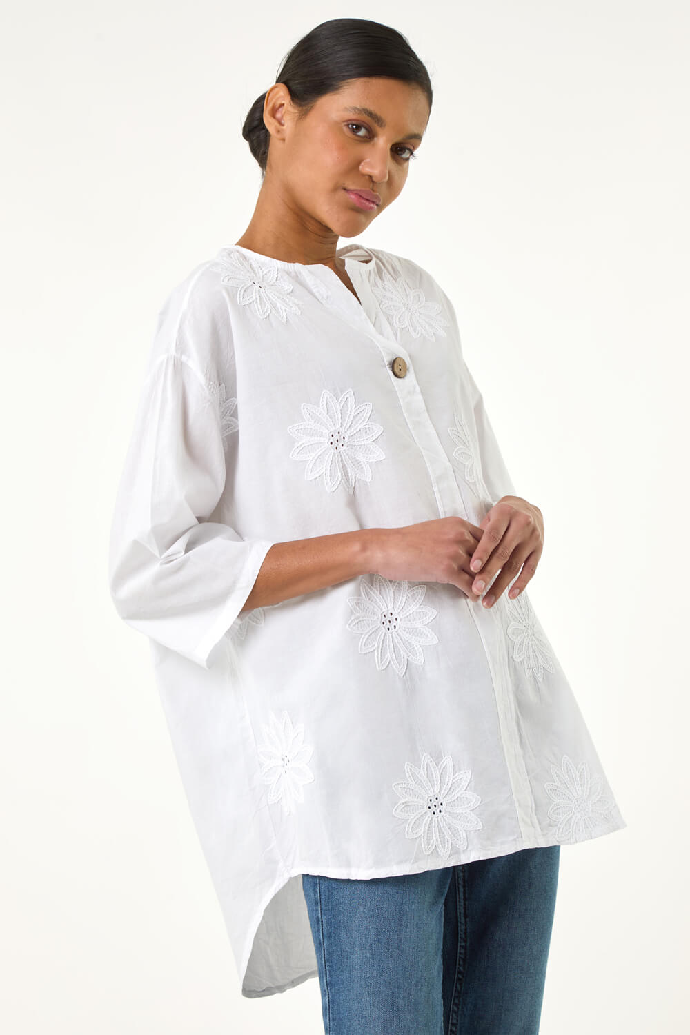 Ivory Cotton Floral Embroidered Tunic Top | Roman UK