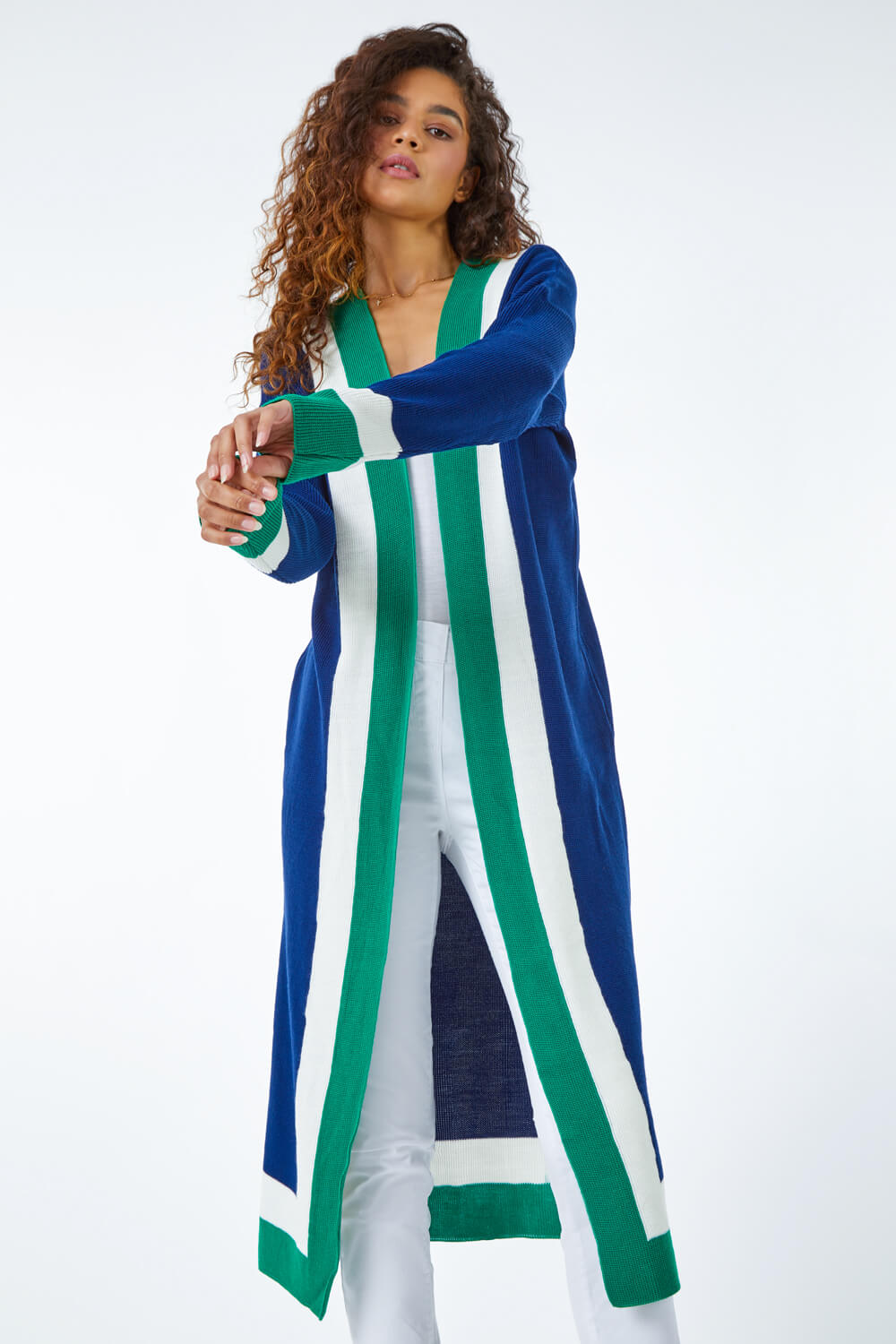Midnight Blue Longline Colourblock Stripe Coatigan | Roman UK