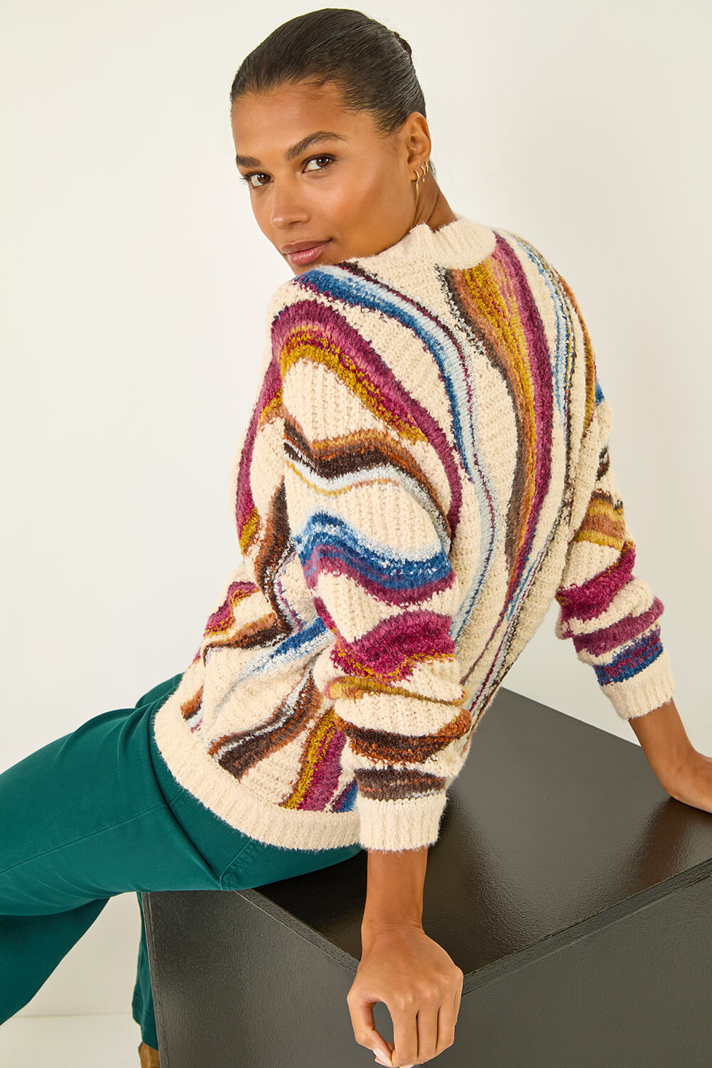Ivory Abstract Stripe Knit Jumper | Roman UK