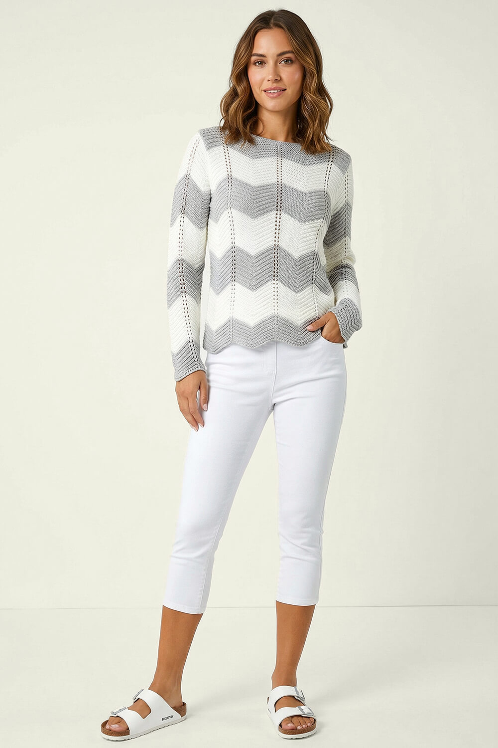 Ivory Wave Chevron Knit Jumper | Roman UK