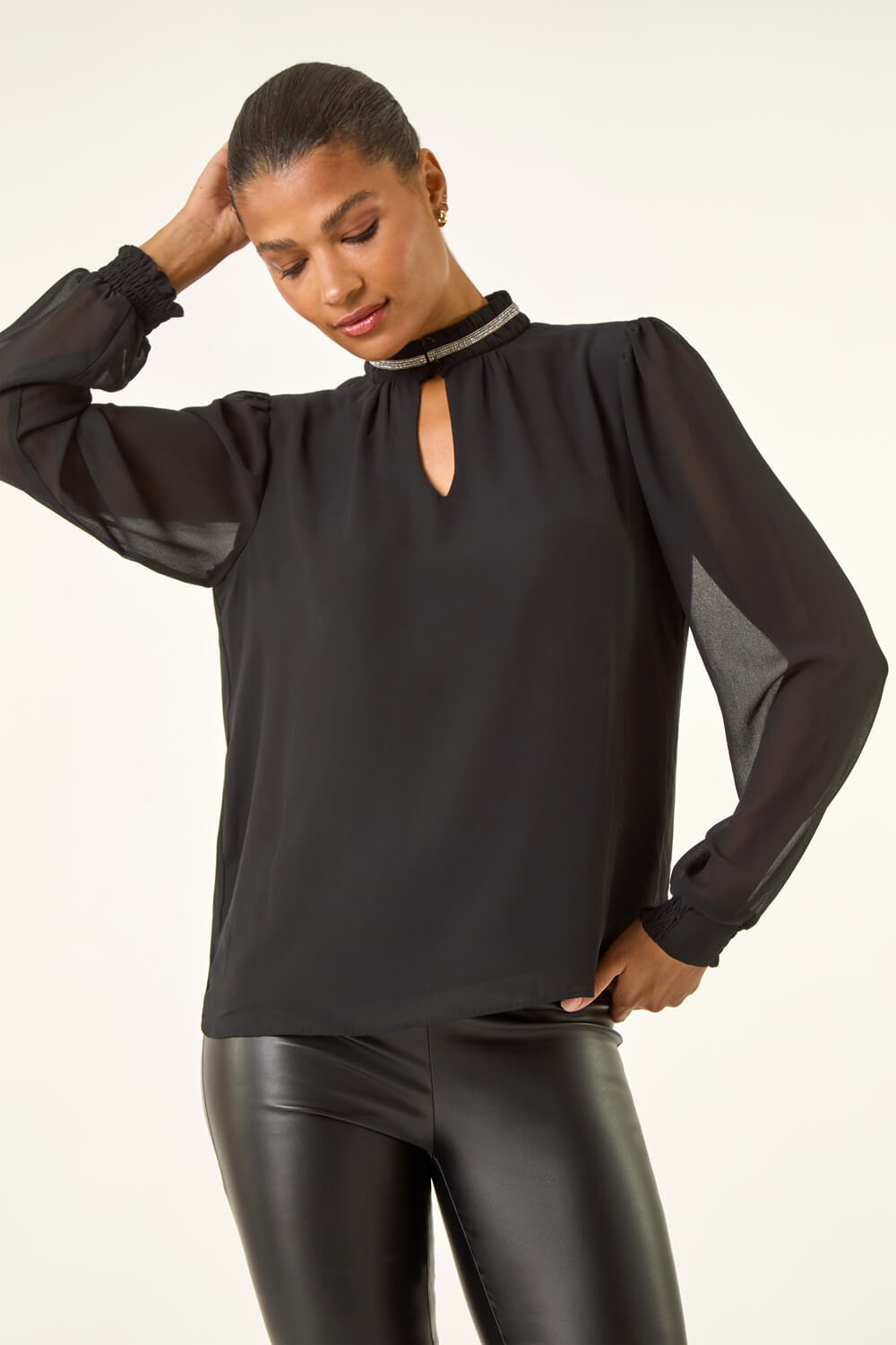 Black Sparkly Trim High Neck Top | Roman UK