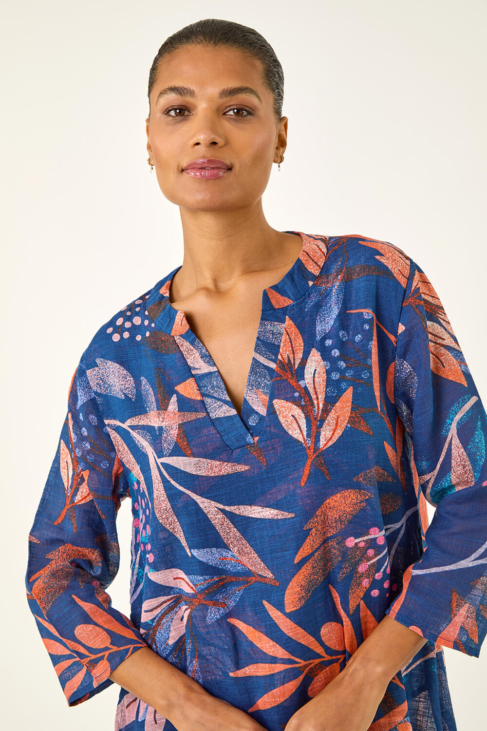 Navy Leaf Print Wrap Front Tunic Top | Roman UK