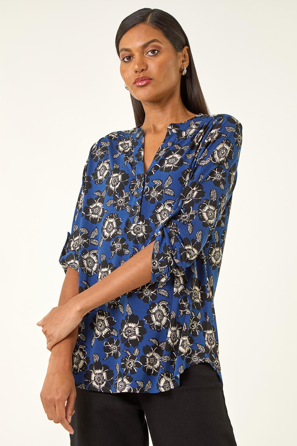 Blue Floral Puff Print Stretch Shirt | Roman UK