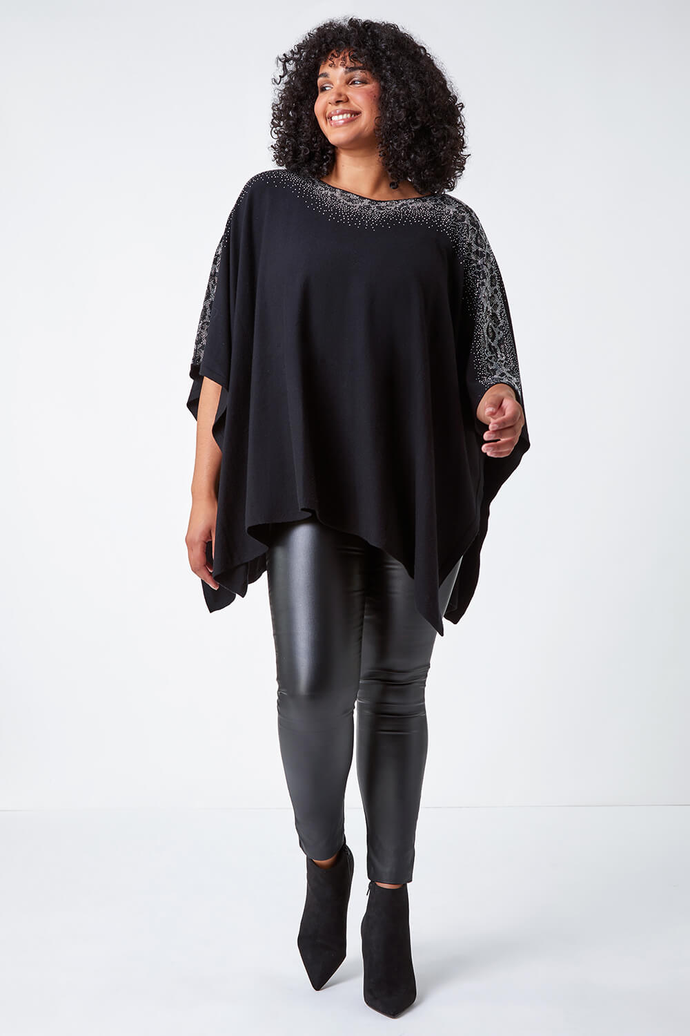 Black Curve Sparkle Embellished Poncho | Roman UK