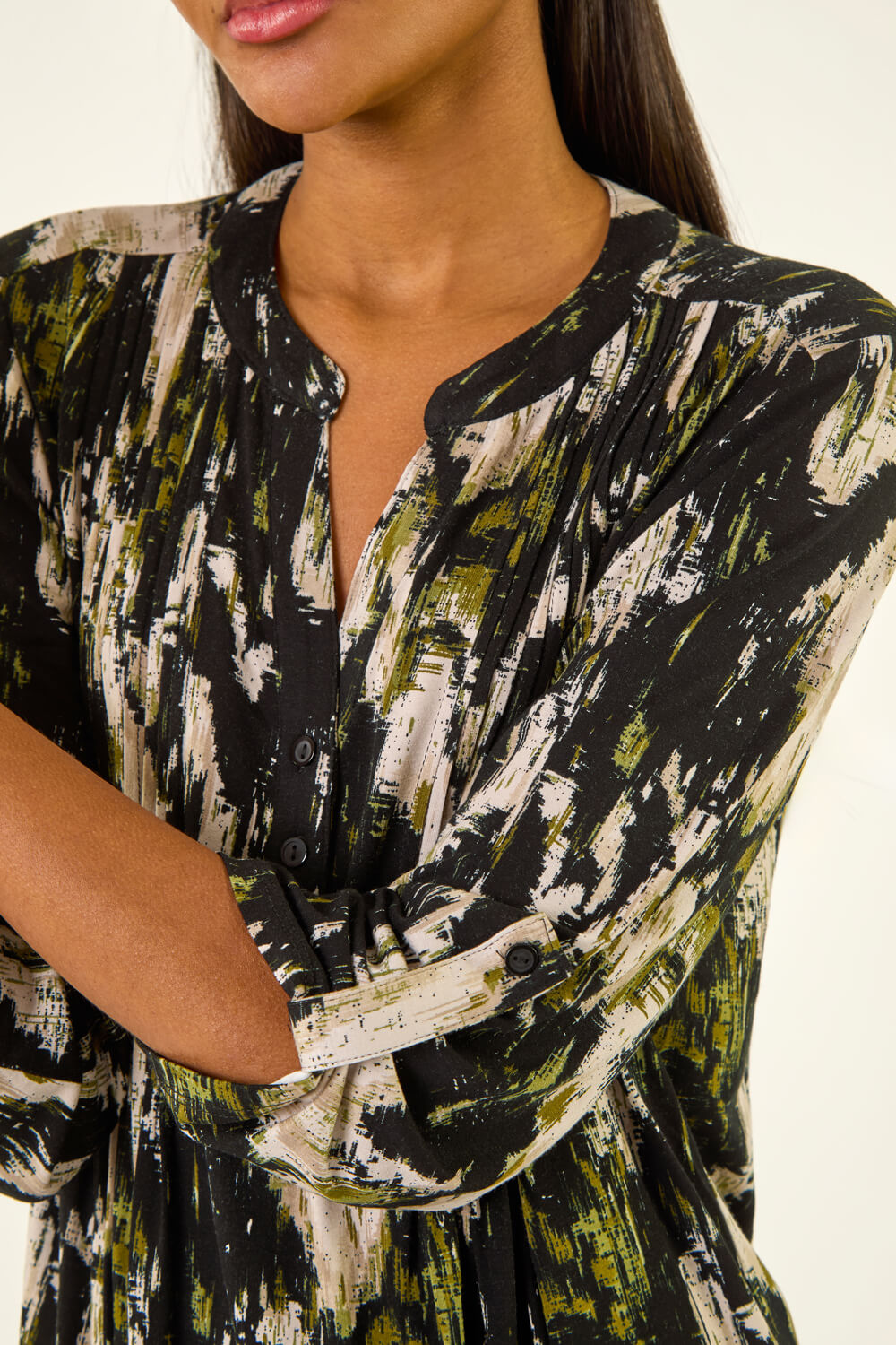 Abstract Print Pintuck Stretch Top