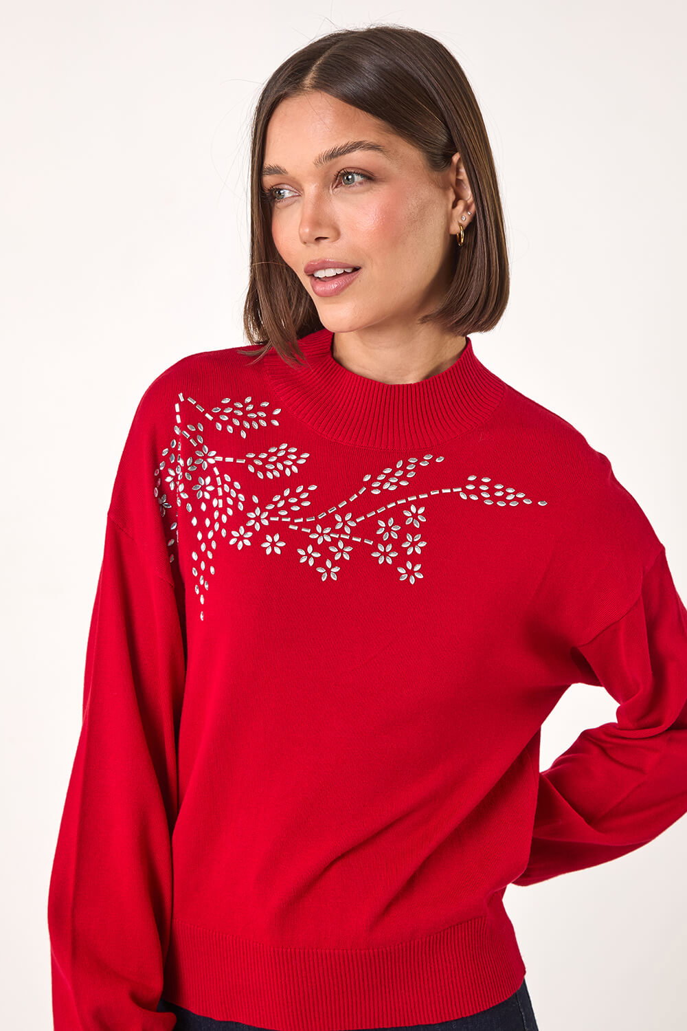 Red Floral Hotfix Detail Knit Jumper | Roman UK