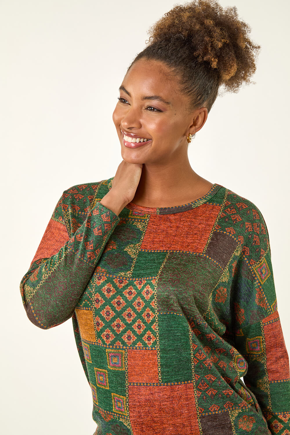Green Patchwork Print Snit Top | Roman UK