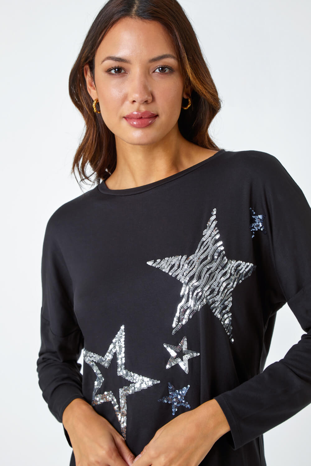 Silver Sequin Star Print Tunic Stretch Top | Roman UK