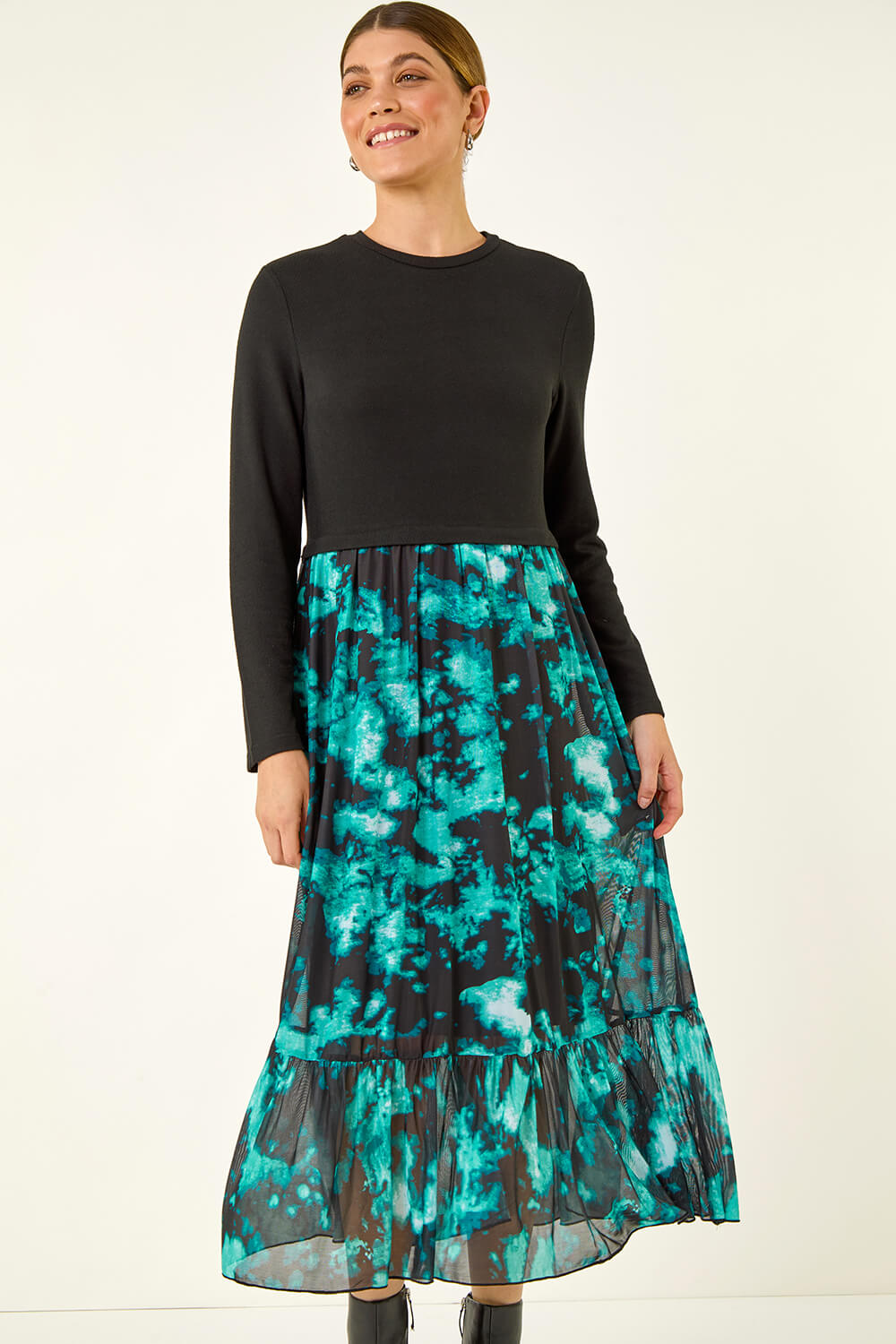 Teal Abstract Print Stretch Midi Dress | Roman UK