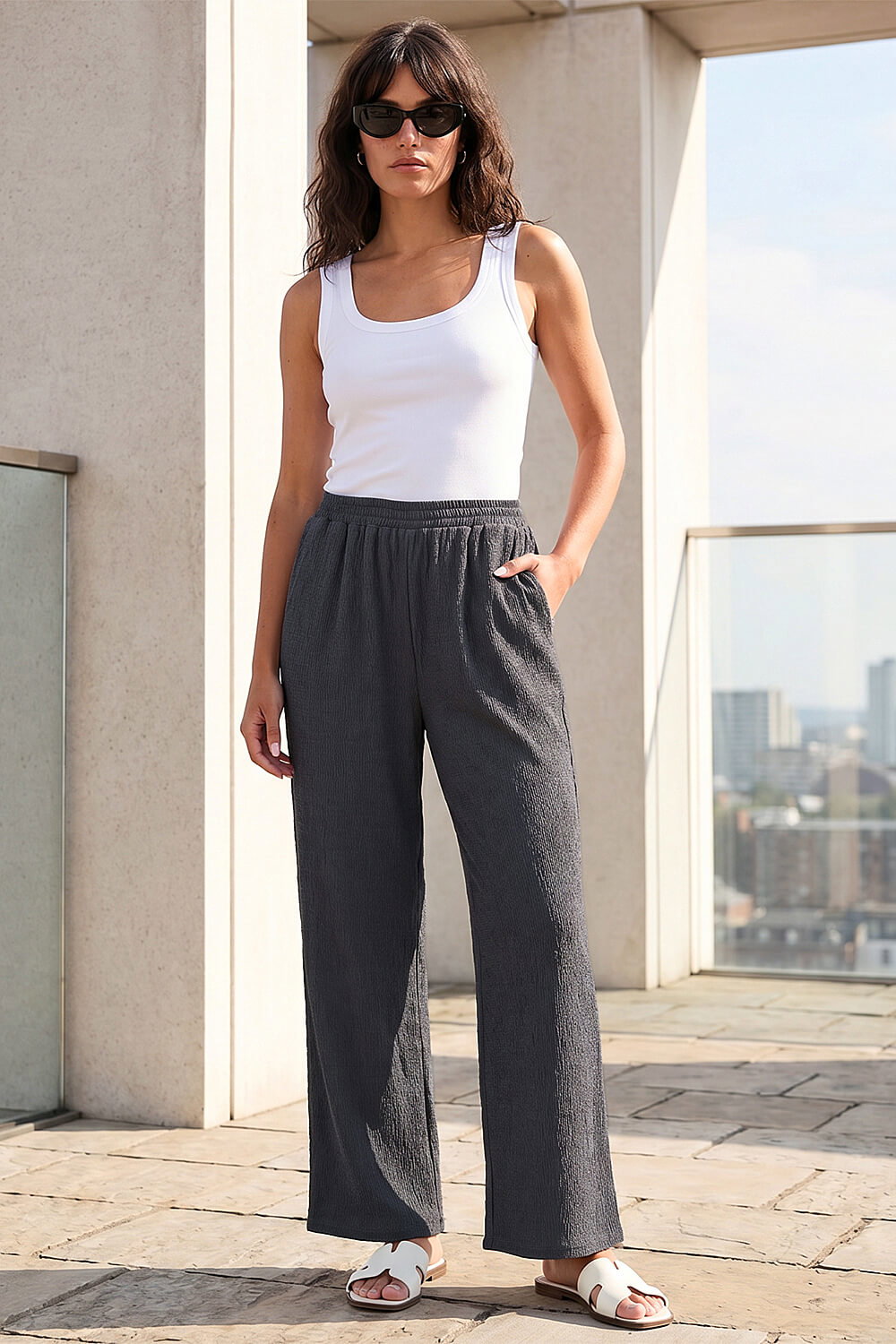 Grey Crinkle Textured Stretch Trouser | Roman UK