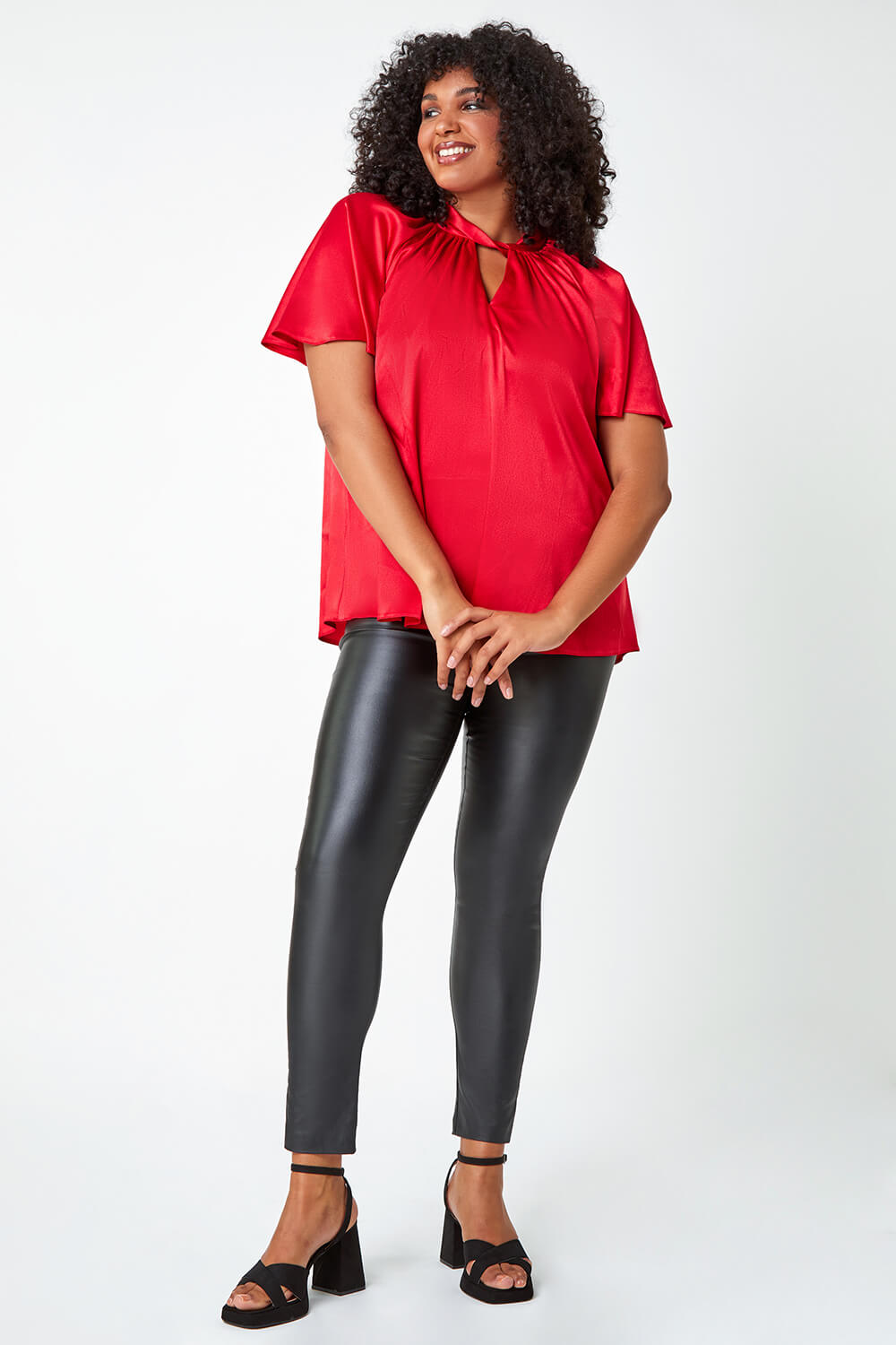Red Curve Twist Neck Satin Top | Roman UK