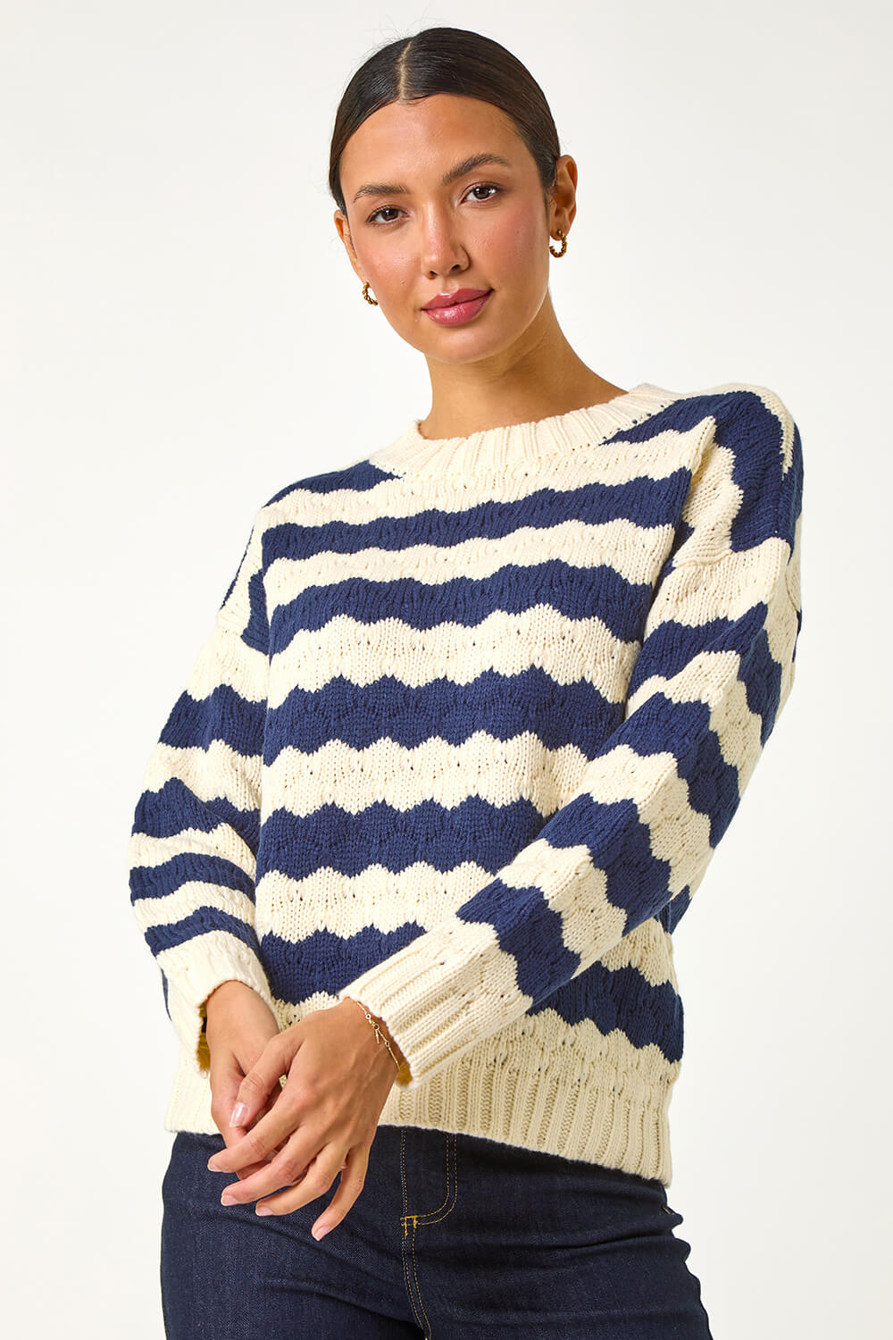 Midnight Blue Wave Colour Block Knit Jumper | Roman UK