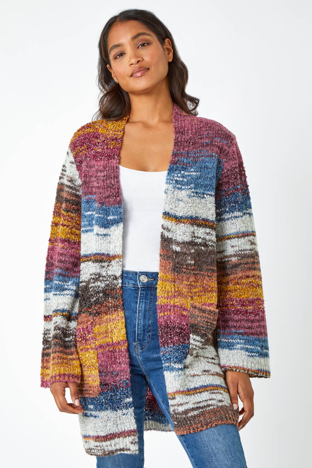 Wine Longline Boucle Knit Cardigan | Roman UK