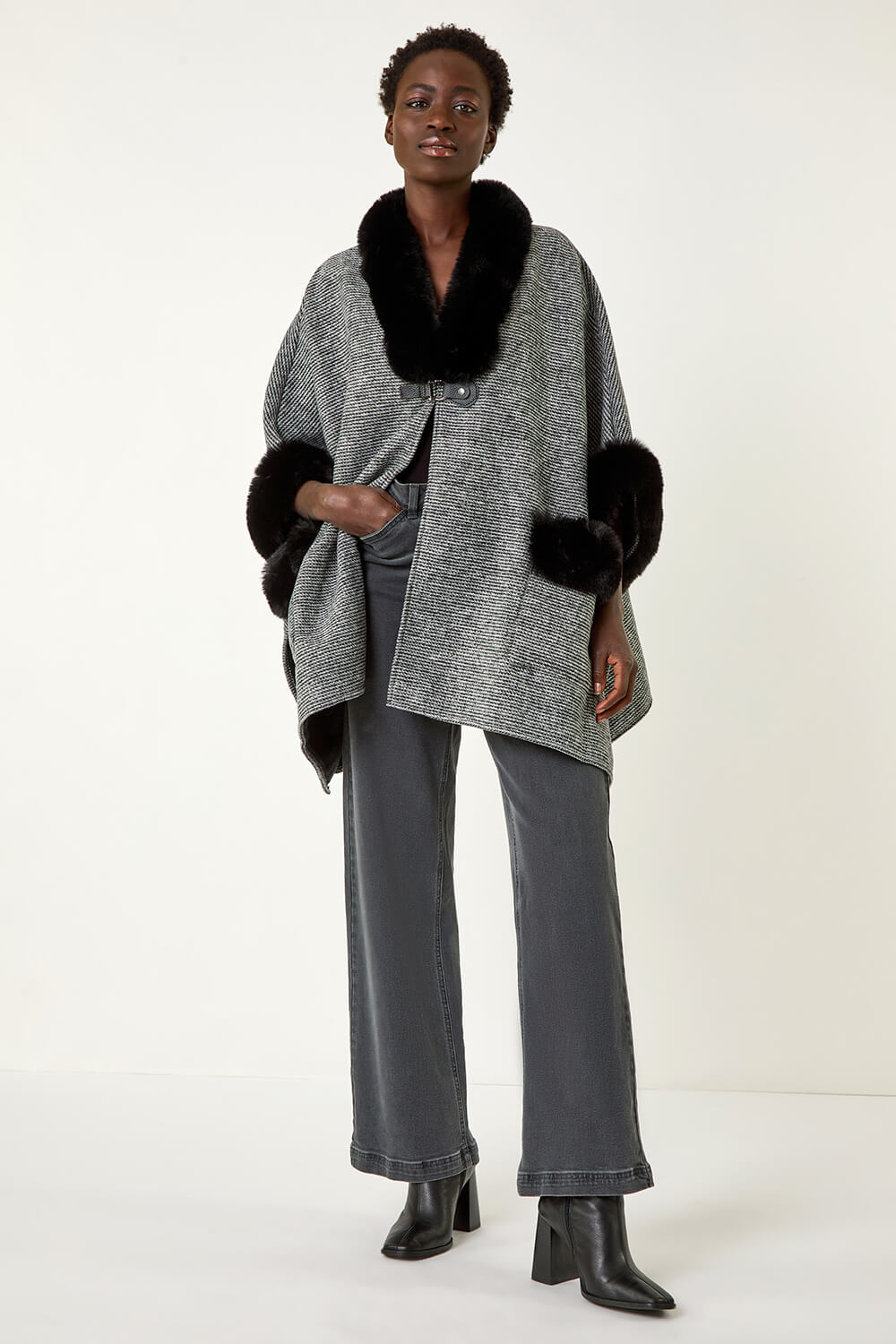 Black Faux Fur Pocket Knit Cape | Roman UK