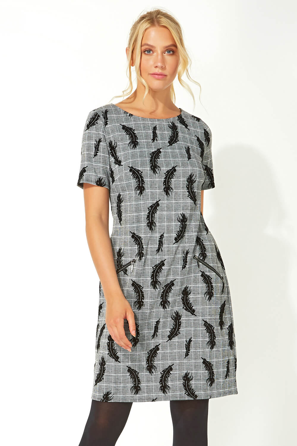 Feather Checked Smart Shift Dress in Grey - Roman Originals UK