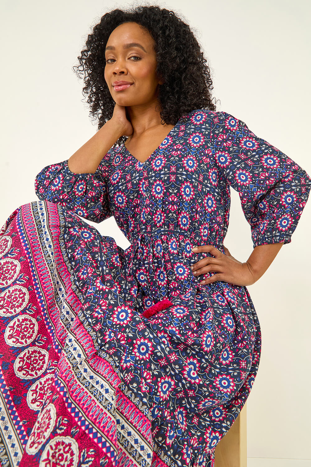 Navy Petite Aztec Border Print Midi Dress | Petite UK