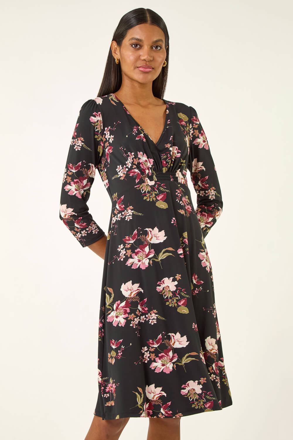 Black Floral Gathered Stretch Dress | Roman UK