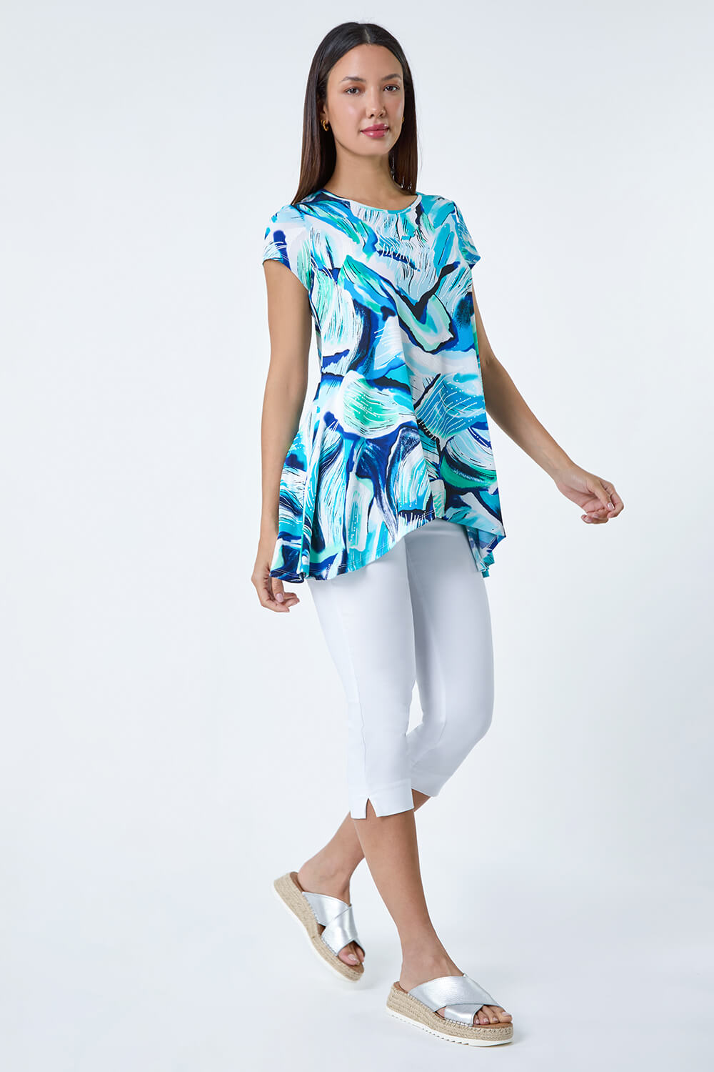 Turquoise Textured Abstract Stretch Hanky Hem Top | Roman UK