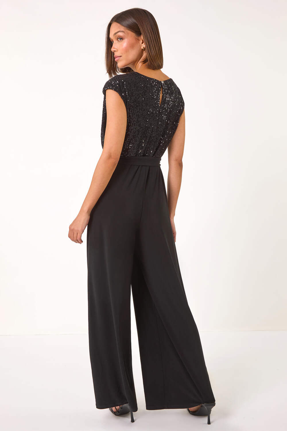 Black Sequin Bodice Cowl Neck Jumpsuit | Roman UK