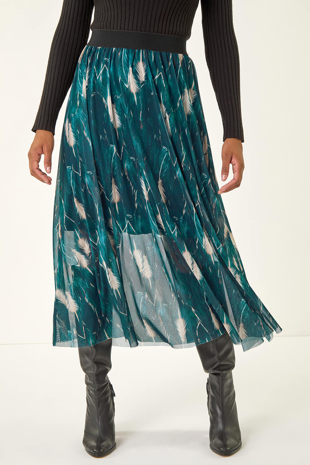 Petrol Blue Abstract Print Mesh Overlay Skirt | Roman UK