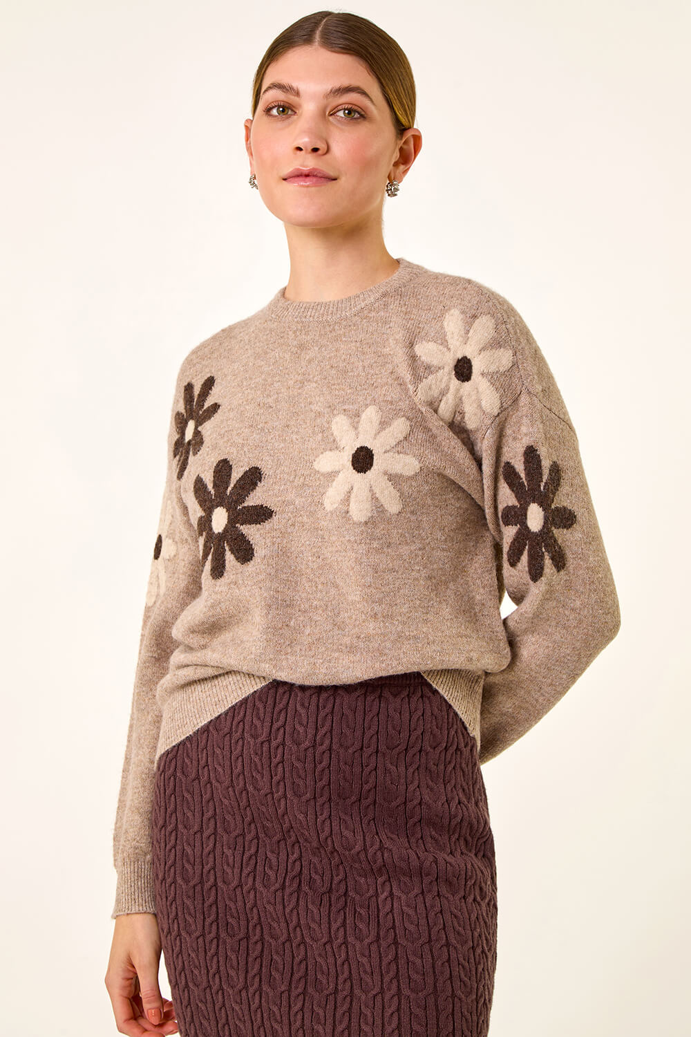 Beige Floral Crew Neck Knit Jumper | Roman UK