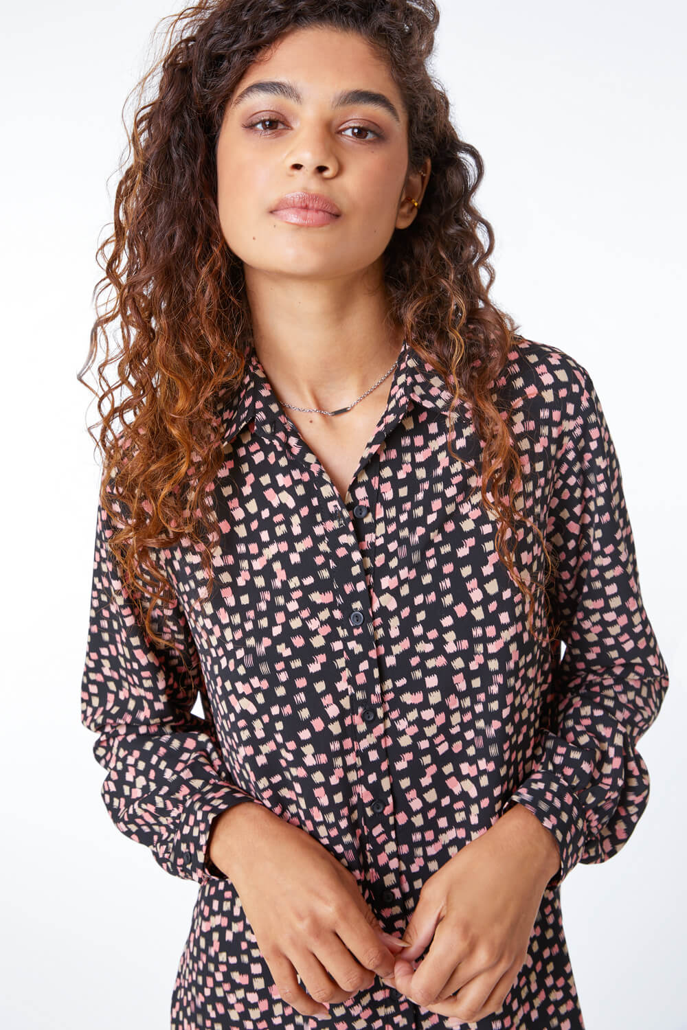 Longline Spot Print Shirt in Black - Roman Originals UK