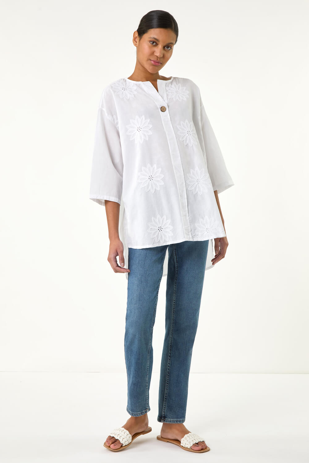 Ivory Cotton Floral Embroidered Tunic Top | Roman UK