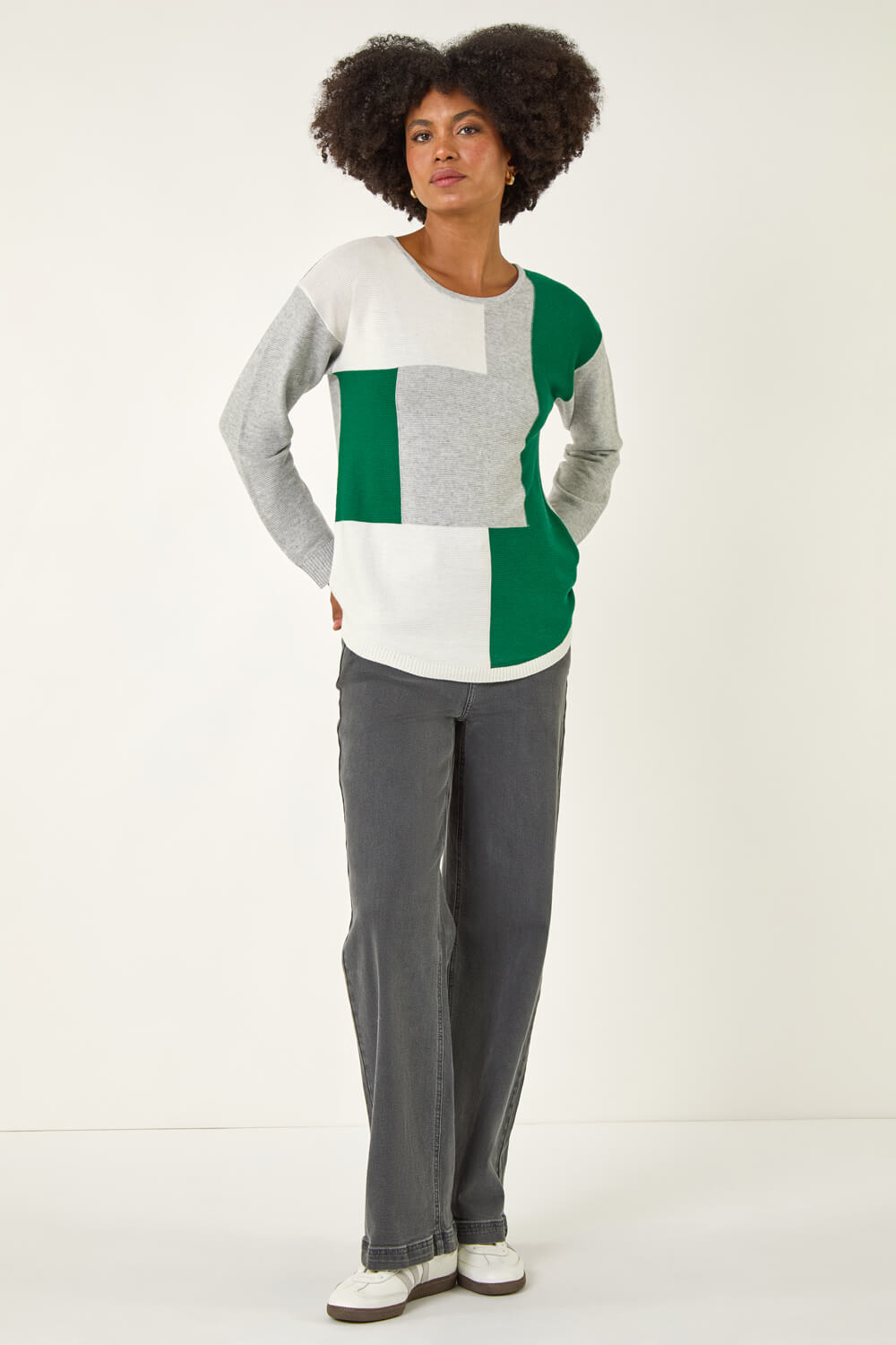Grey Ribbed Colour Block Knit Jumper | Roman UK