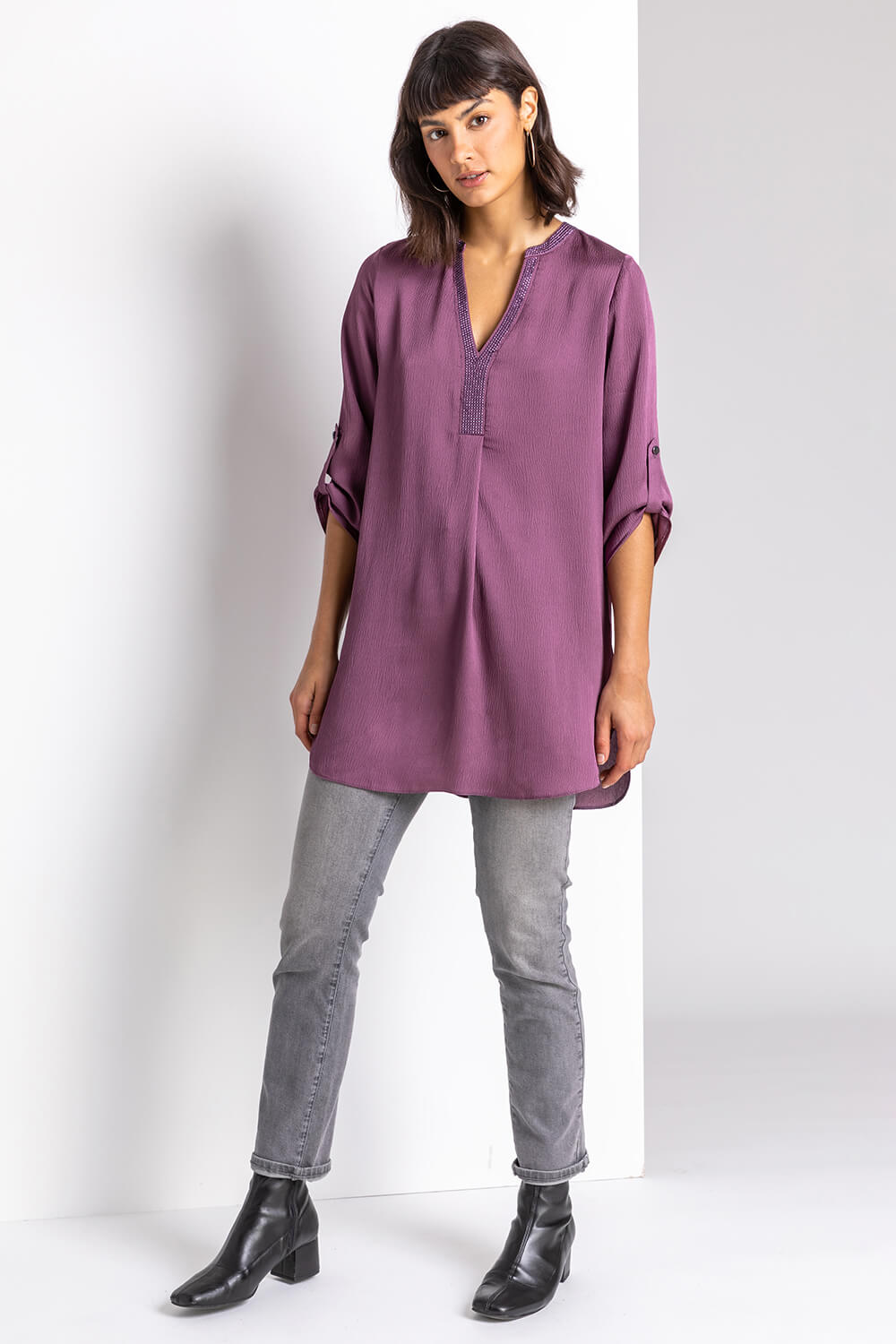 Diamante Embellished Tunic Top in Purple - Roman Originals UK