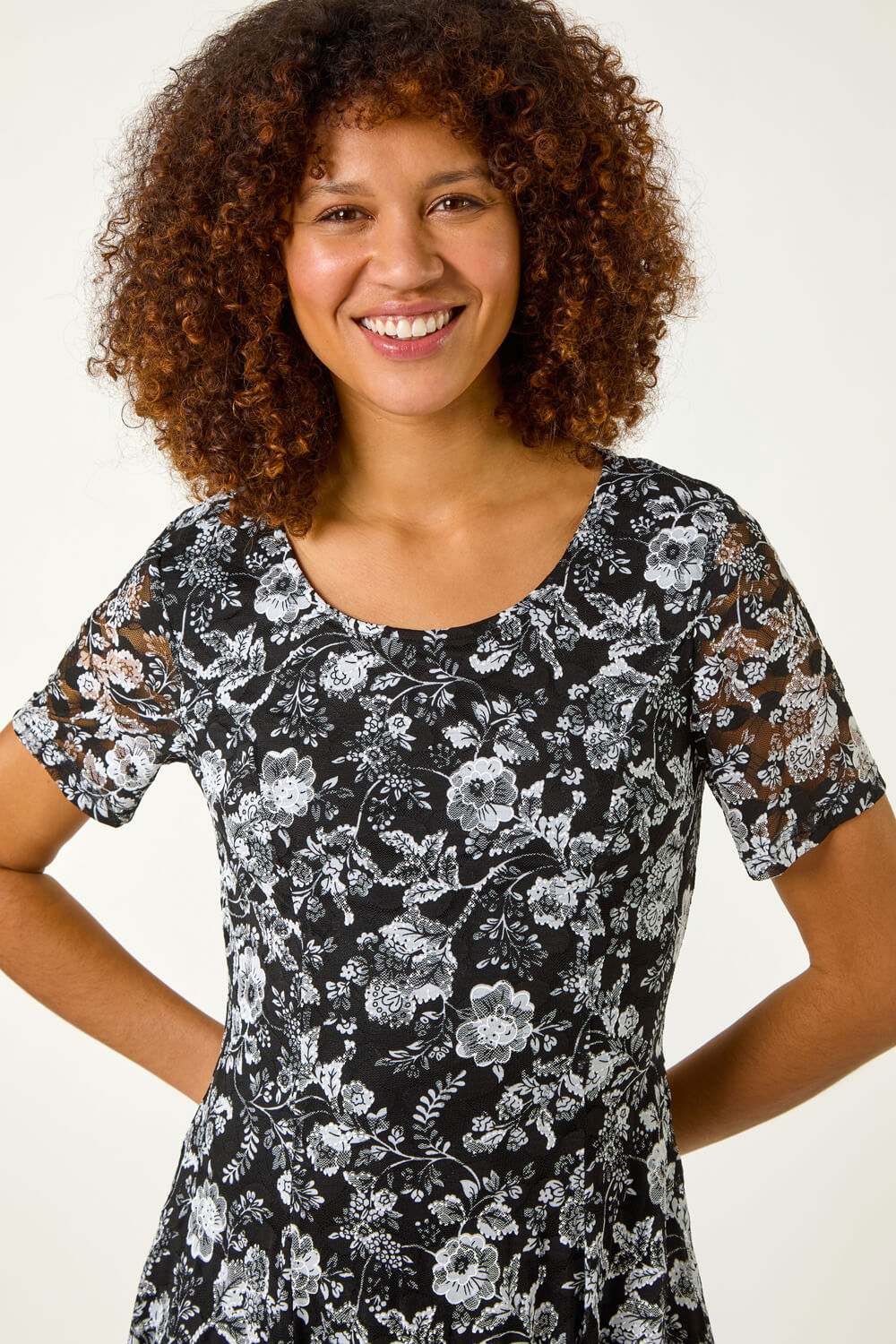 Black Rose Print Lace Stretch Dress | Roman UK