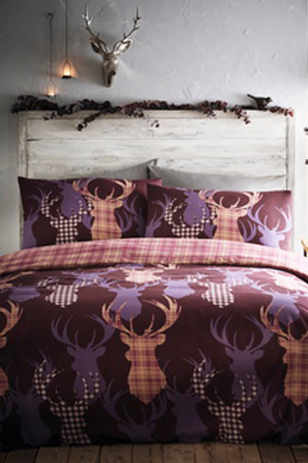 Double Tartan Stag Duvet Cover Set in Plum - Roman Originals UK