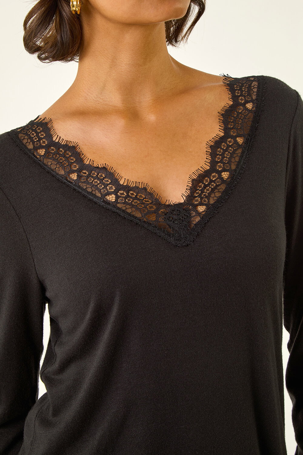 Black Lace V-Neck Stretch Top | Roman UK