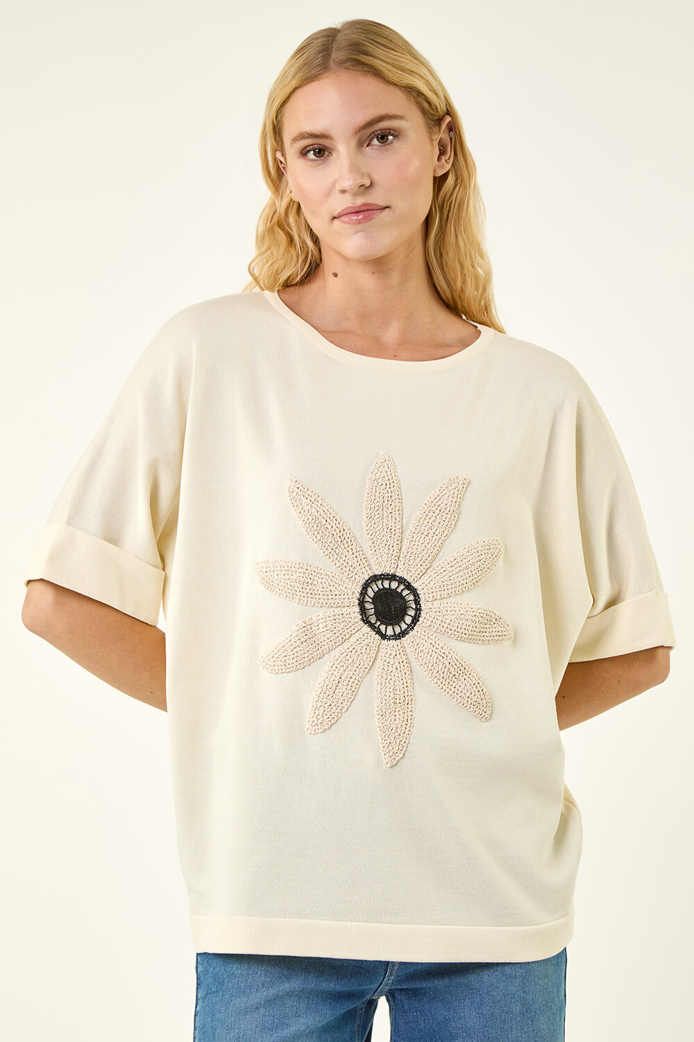 Beige Crochet Flower Knit Top | Roman UK
