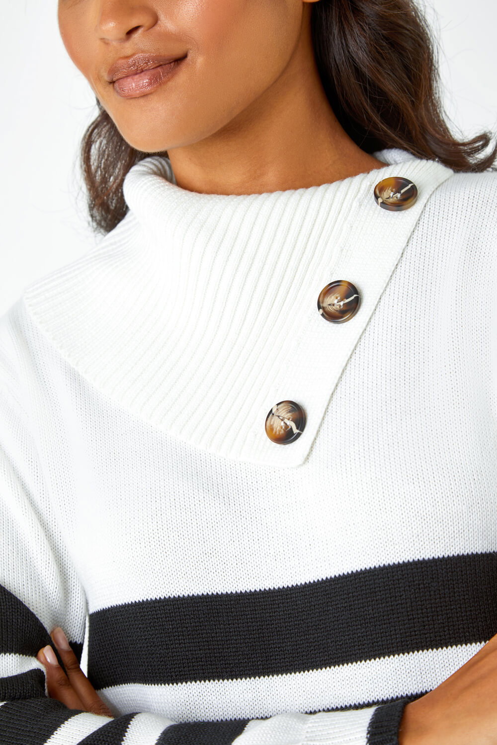Black Split Neck Striped Button Jumper | Roman UK
