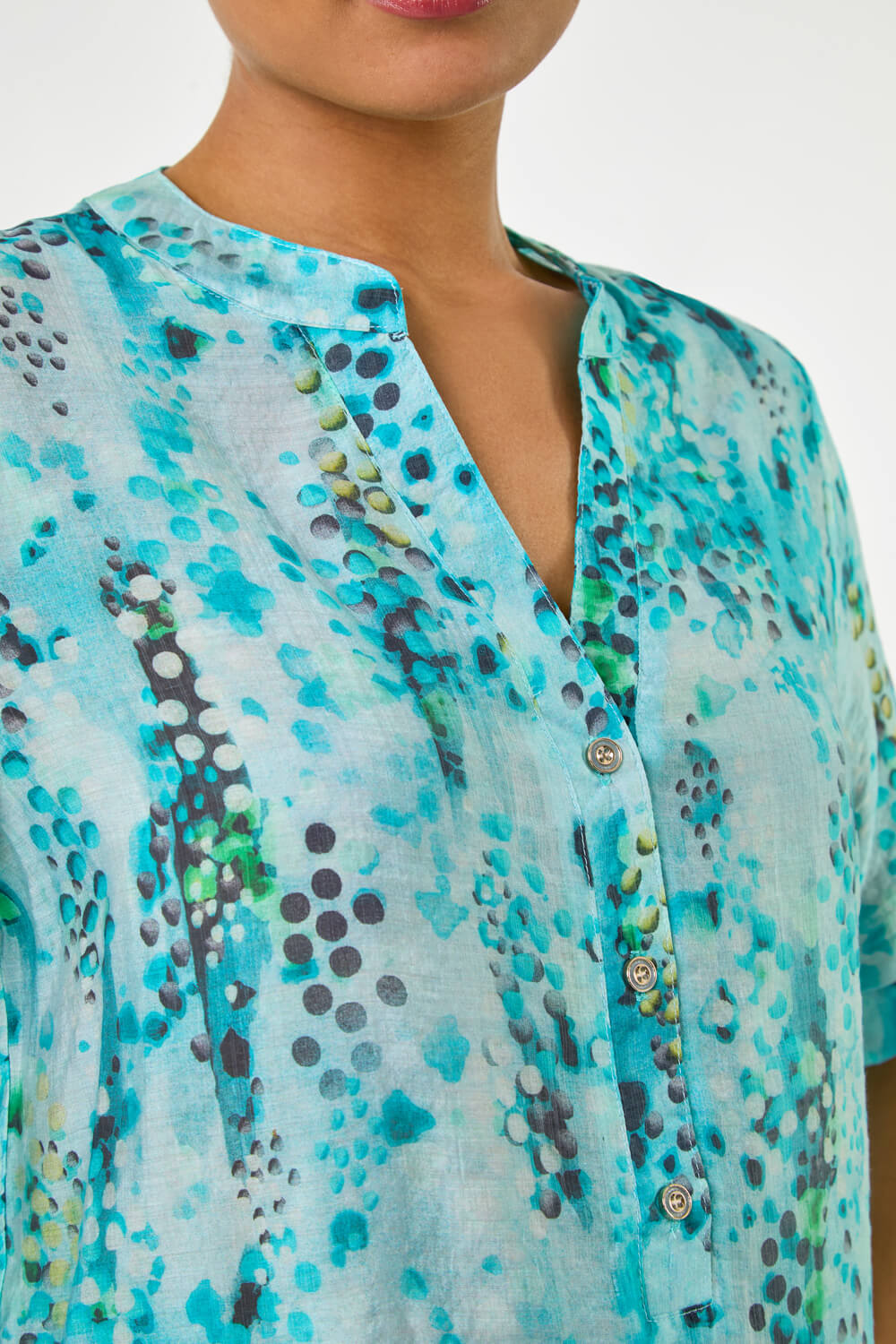 Blue Abstract Buttoned V-Neck Top | Roman UK