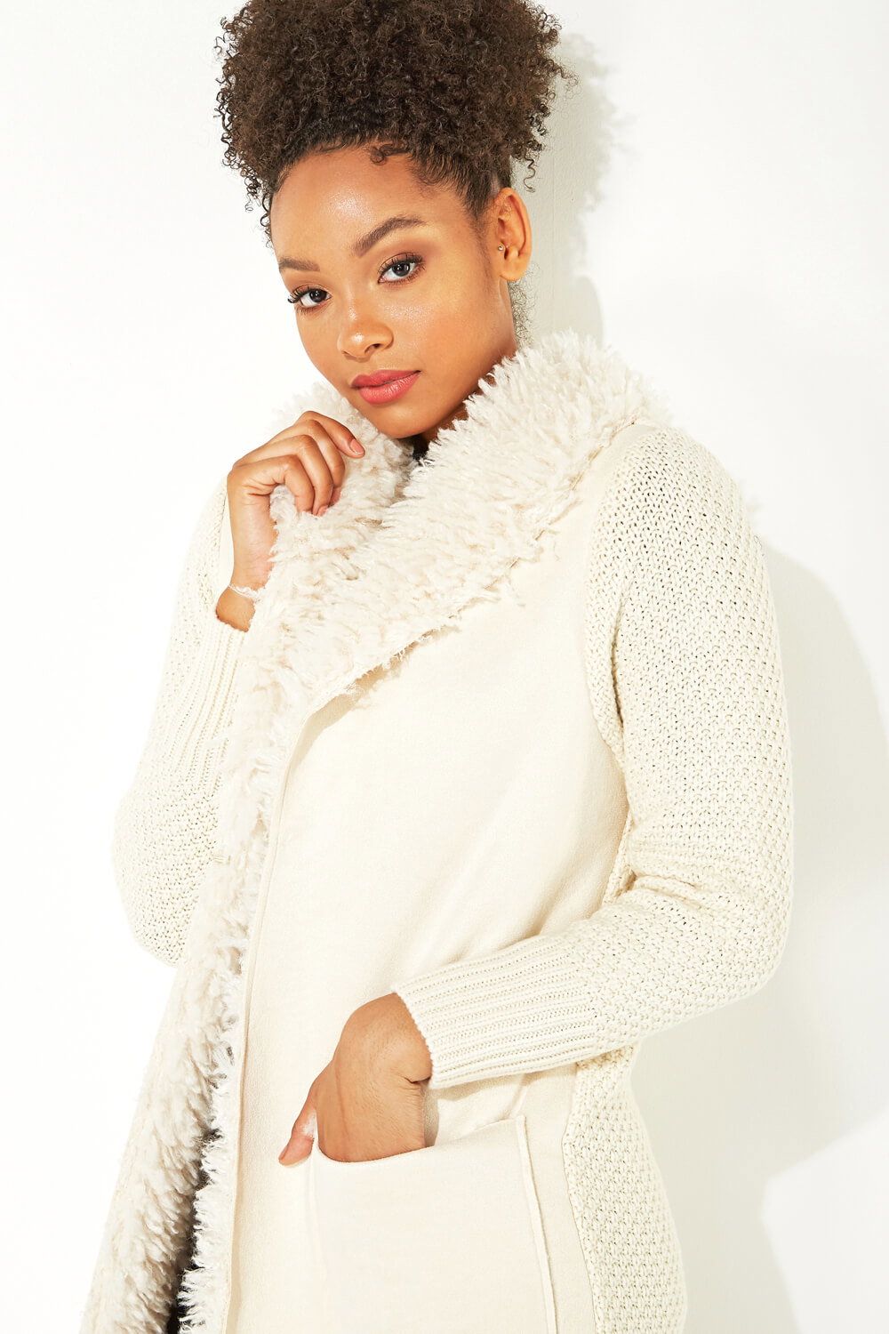 Longline Faux Shearling Knit Coatigan in Ivory - Roman Originals UK