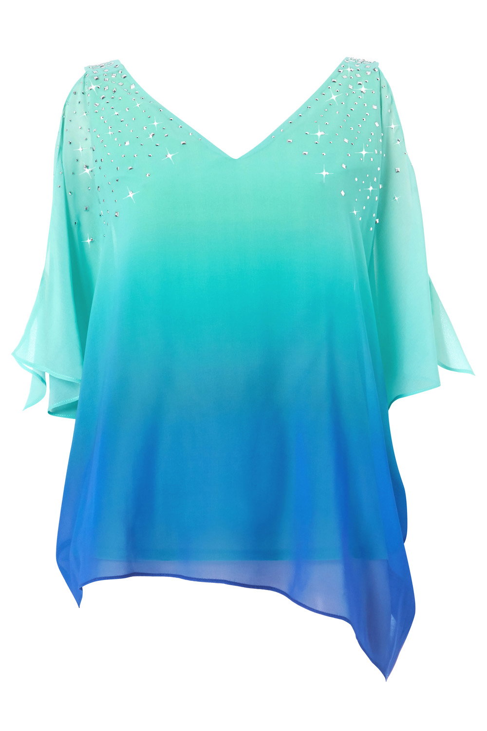 Embellished Ombre Cold Shoulder Top in Turquoise - Roman Originals UK