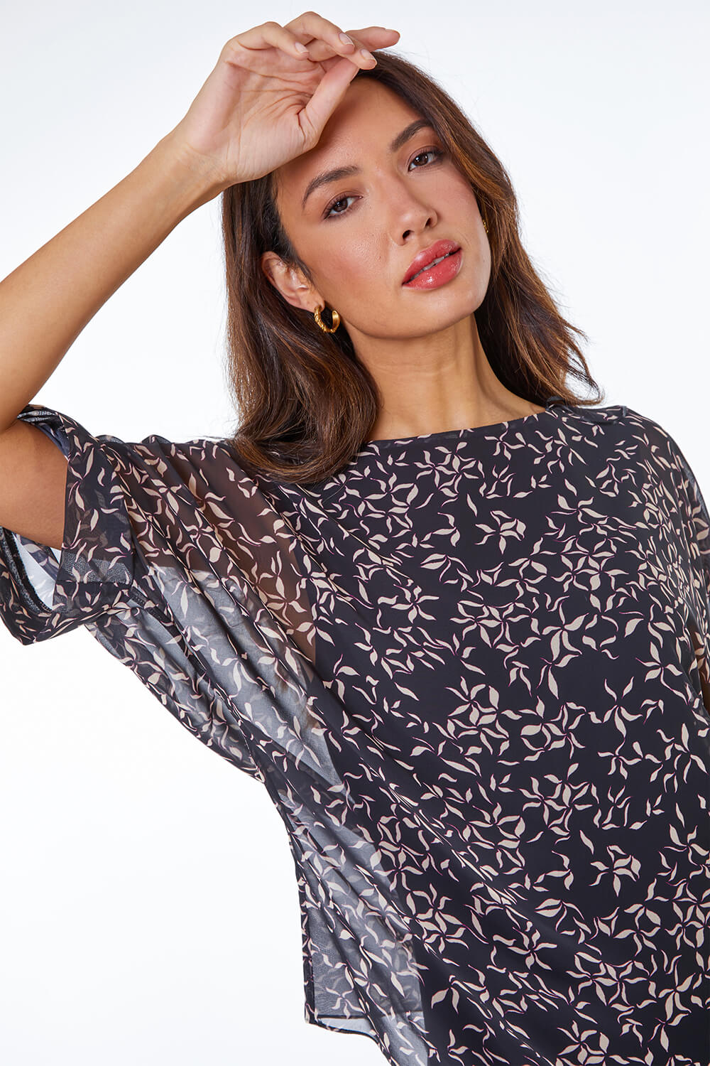 Petal Print Overlay Top in Black - Roman Originals UK