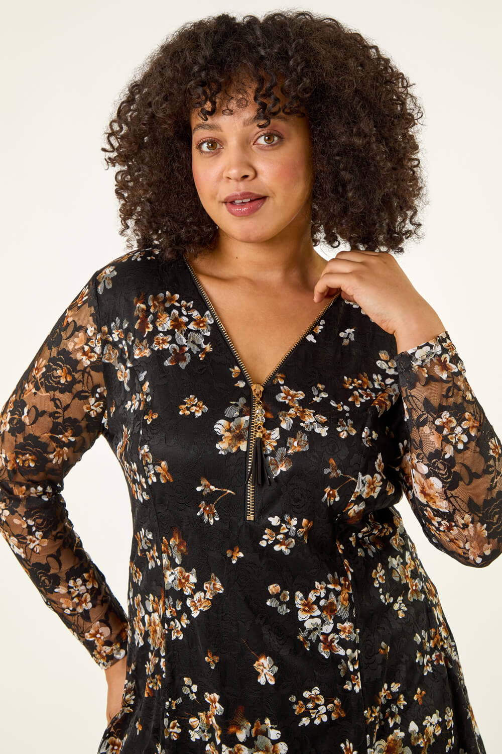 Black Curve Zip Front Lace Top | Roman UK