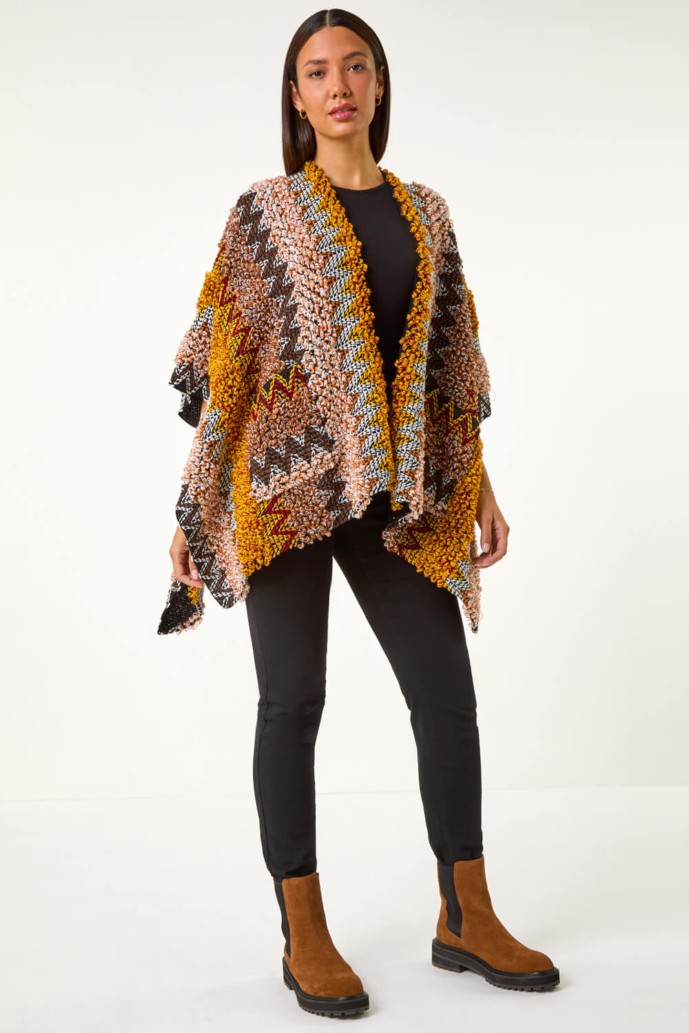 Brown Boucle Patterned Cape | Roman UK