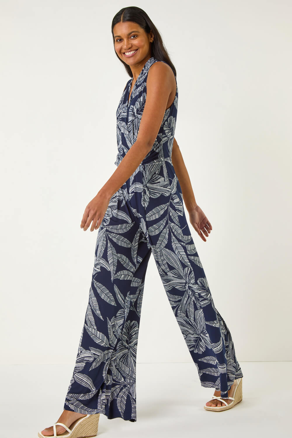 Navy Leaf Puff Print Crossover Jumpsuit | Roman UK