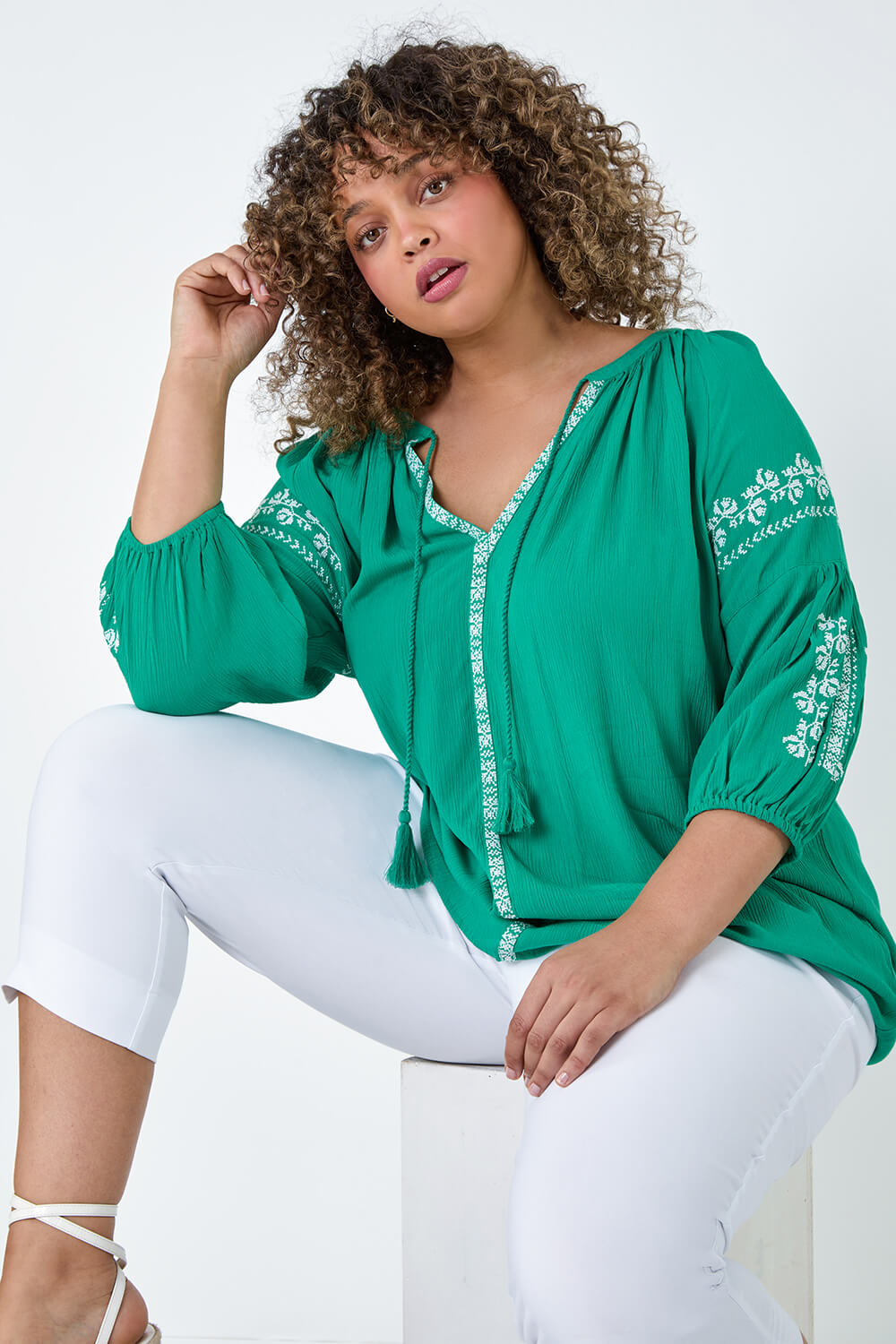 Turquoise Curve Tie Neck Embroidered Smock Top | Roman UK
