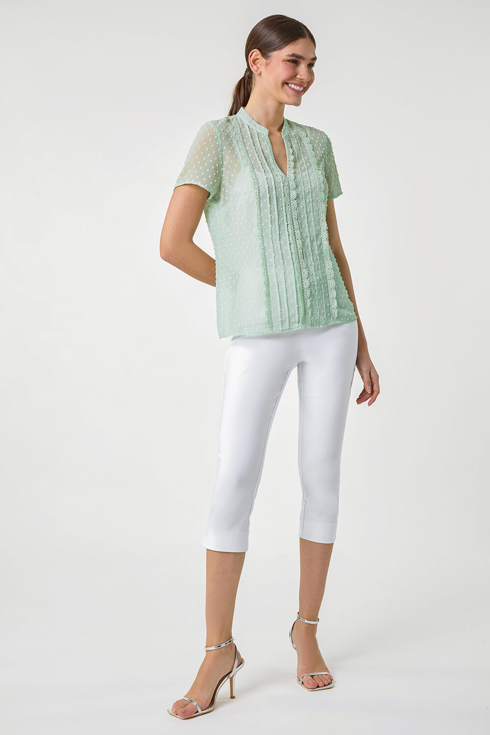 Sage Textured Spot Lace Trim Top | Roman UK