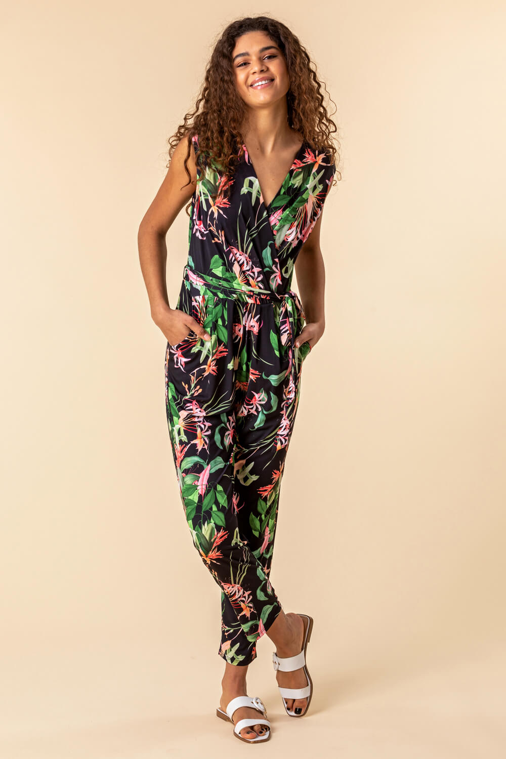Tropical Print Jumpsuit in Black - Roman Originals UK