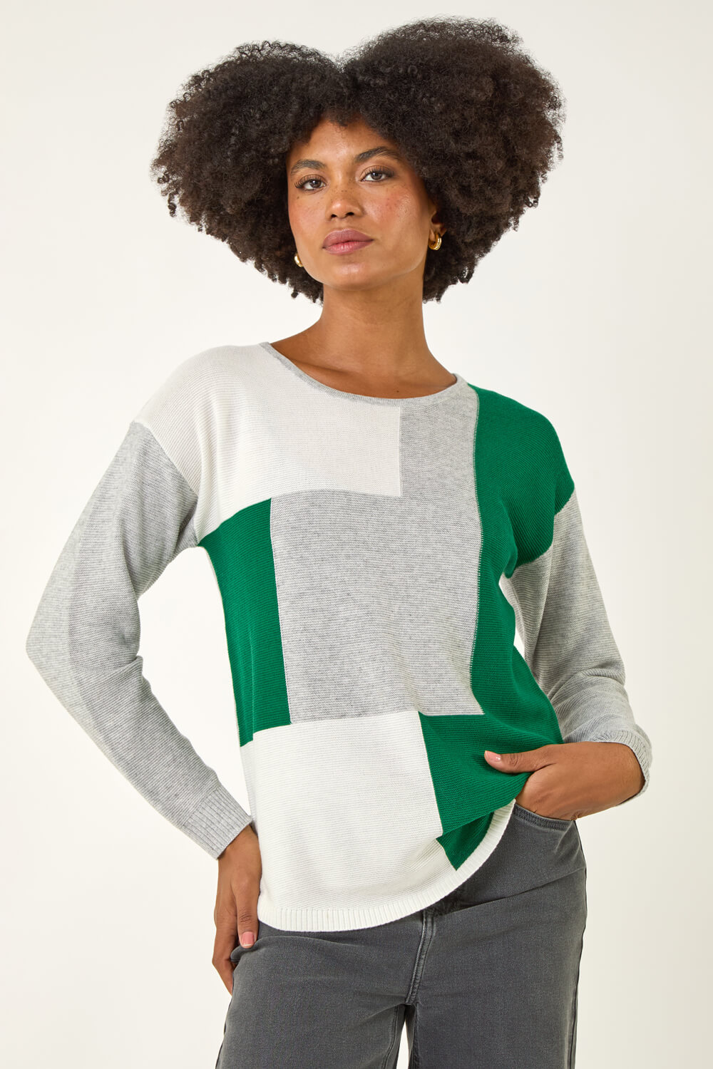 Grey Ribbed Colour Block Knit Jumper | Roman UK