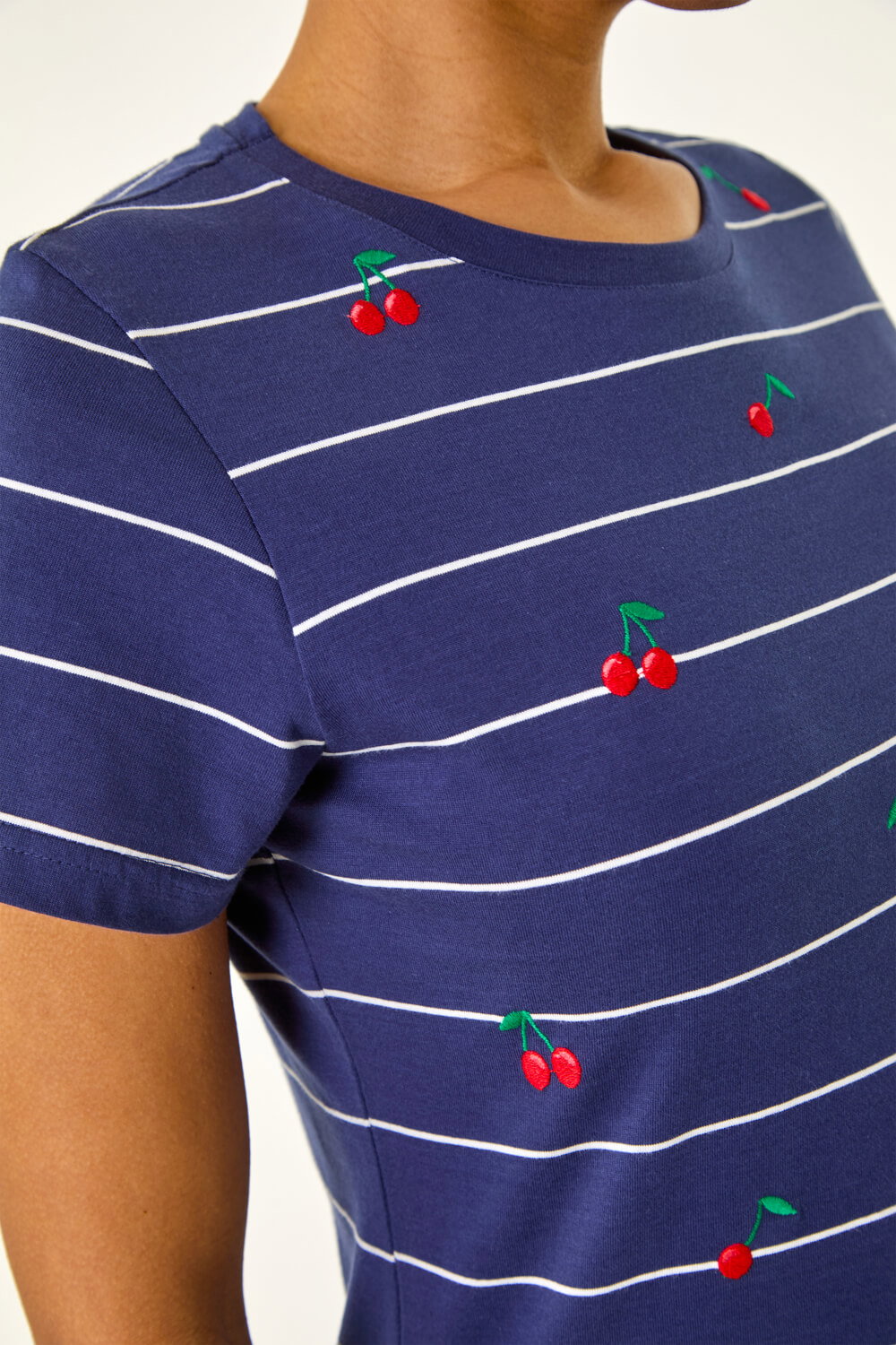 Navy Embroidered Cherry Cotton Tee | Roman UK